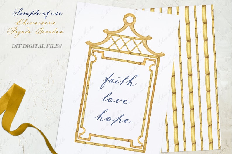 Chinoiserie Pagoda Bamboo Gold. DIY Digital Paper Frames Watercolor ...