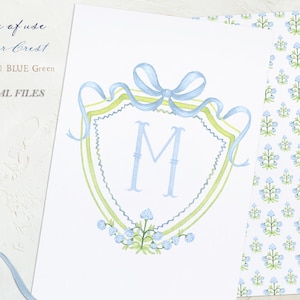 Grand Millennial Blue Green Vintage Family Watercolor Crest DIY Blue ...