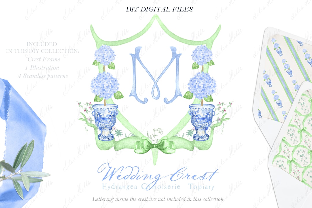 Wedding Family Crest DIY Hydrangea Chinoiserie Topiary Digital Papers ...