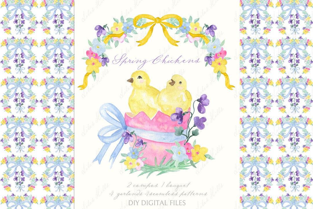 Spring Easter Chickens DIY Digital Greenery Paper Frames Watercolor ...