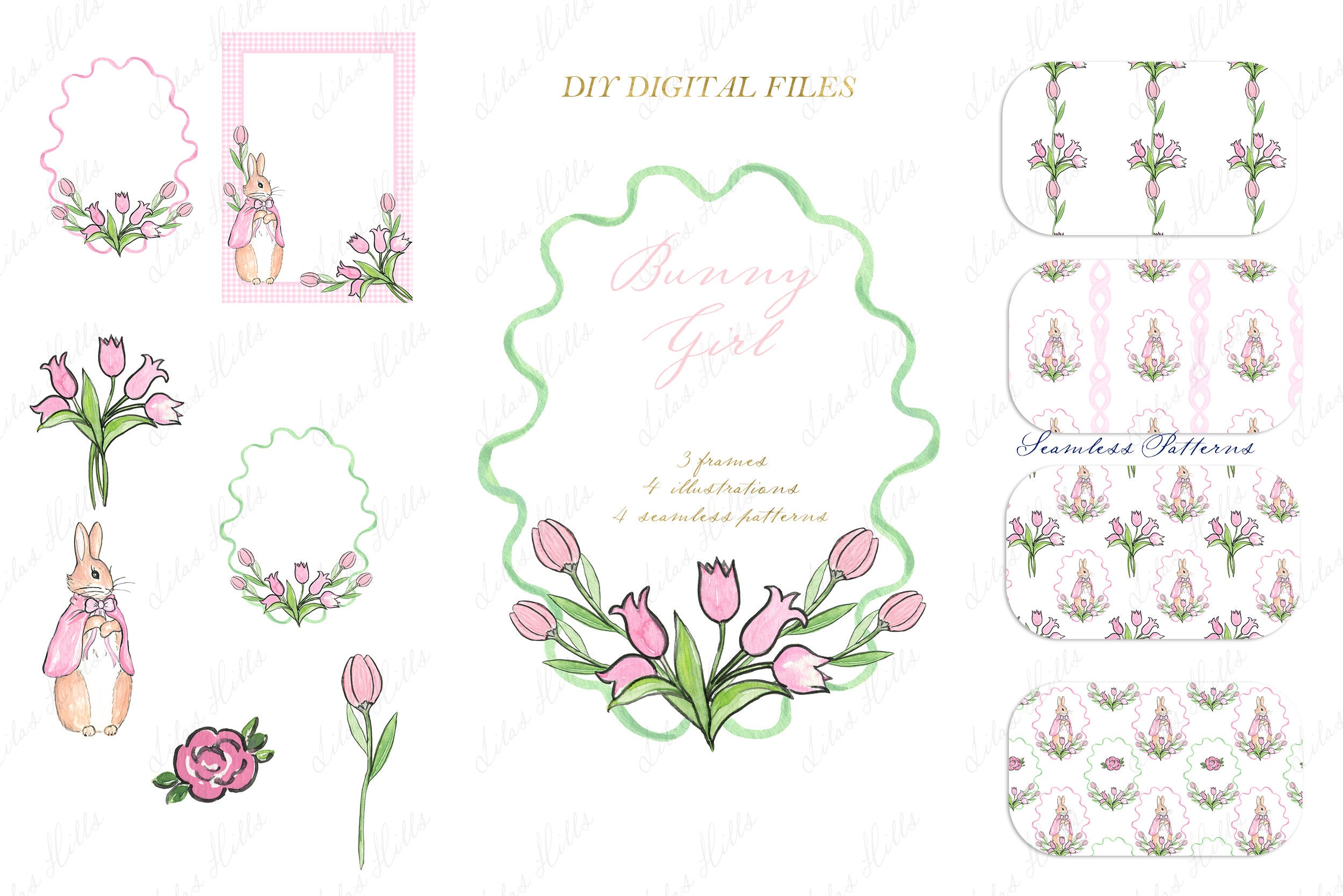 Bunny Girl Watercolor Clipart: Pink Bow, Tulips (digital Download) - Etsy