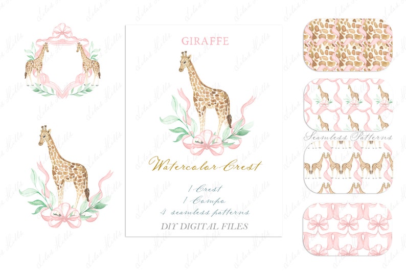 Giraffe Pink Bow Crest Family Watercolor Crest DIY Soft Pink - Etsy