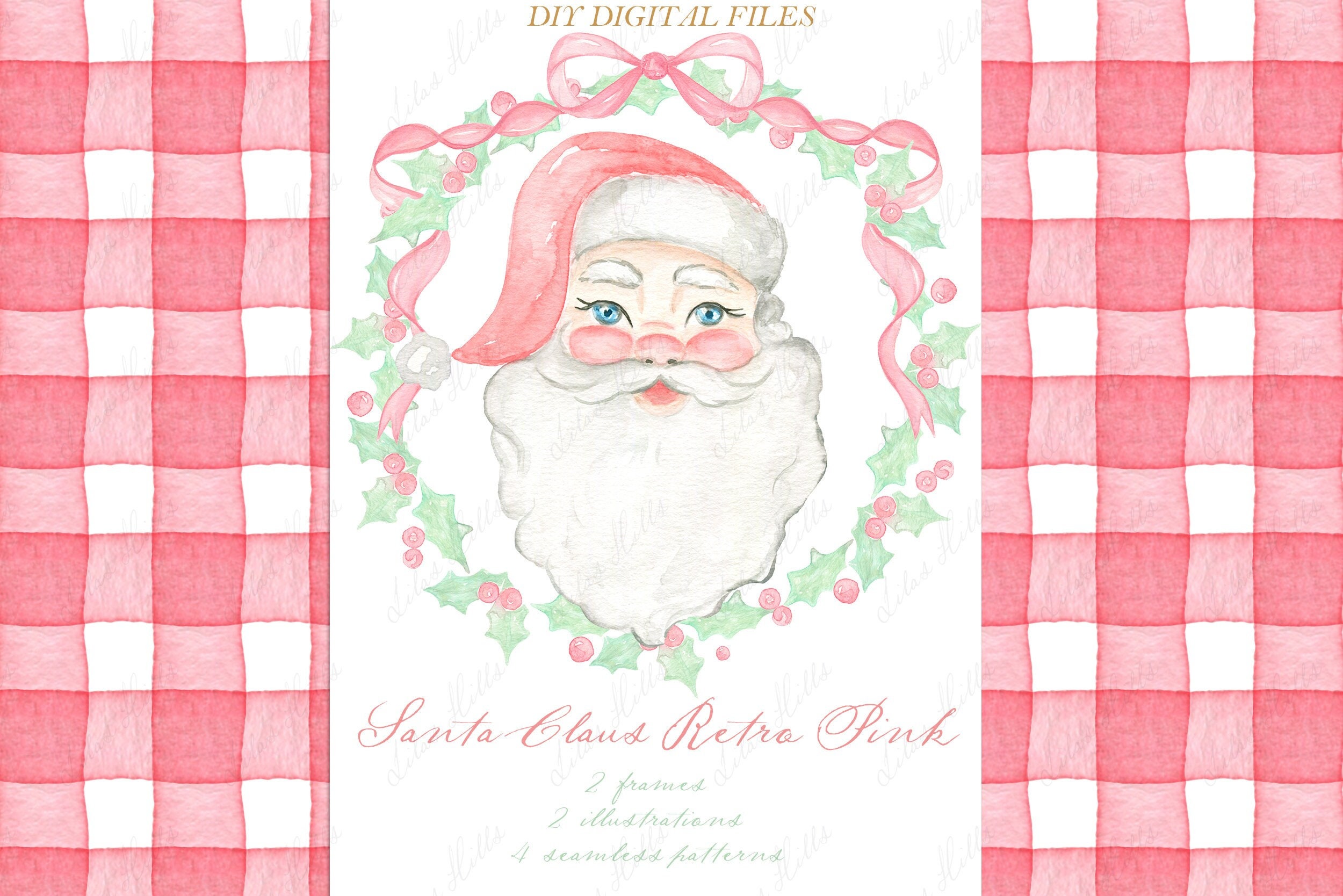 Santa Claus Retro Pink. Christmas Clipart DIY Gingham Pink - Etsy