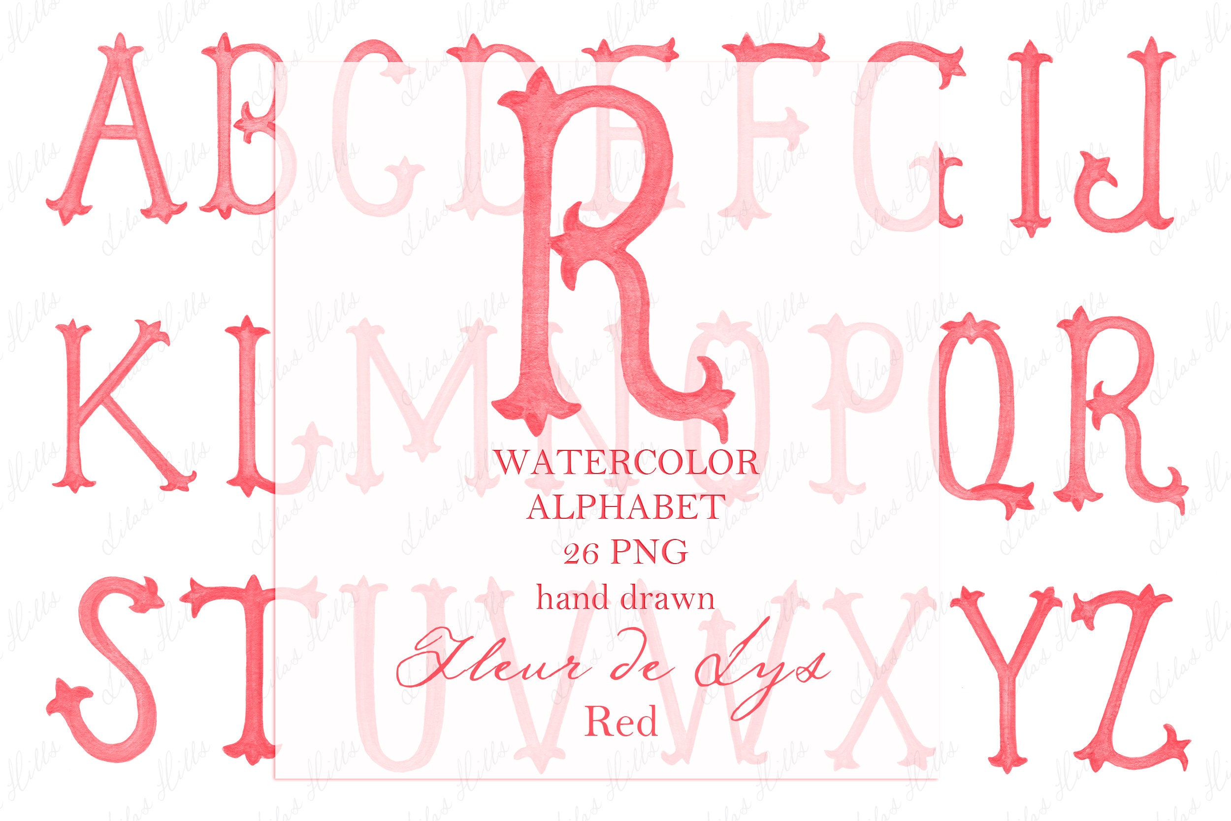 Wedding Monogram Letters: Red Vintage Watercolor Fleur De Lys (PNG ...