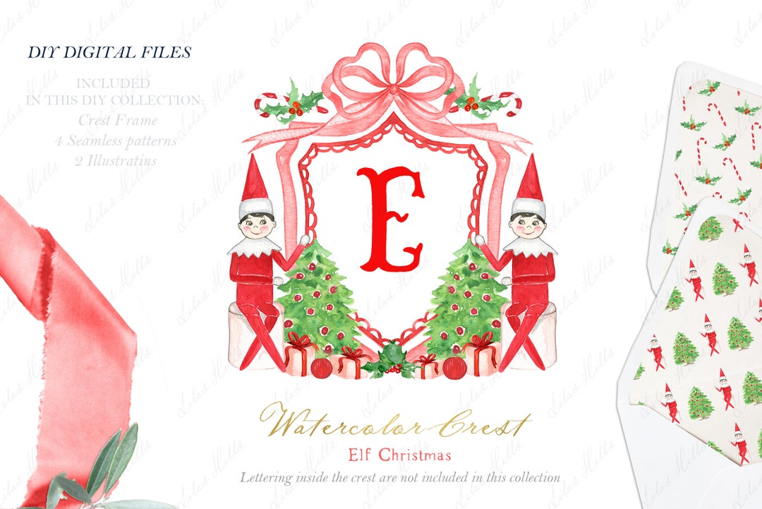 Christmas Watercolor Clipart: Elf Crest, Red Bow (digital Papers) - Etsy