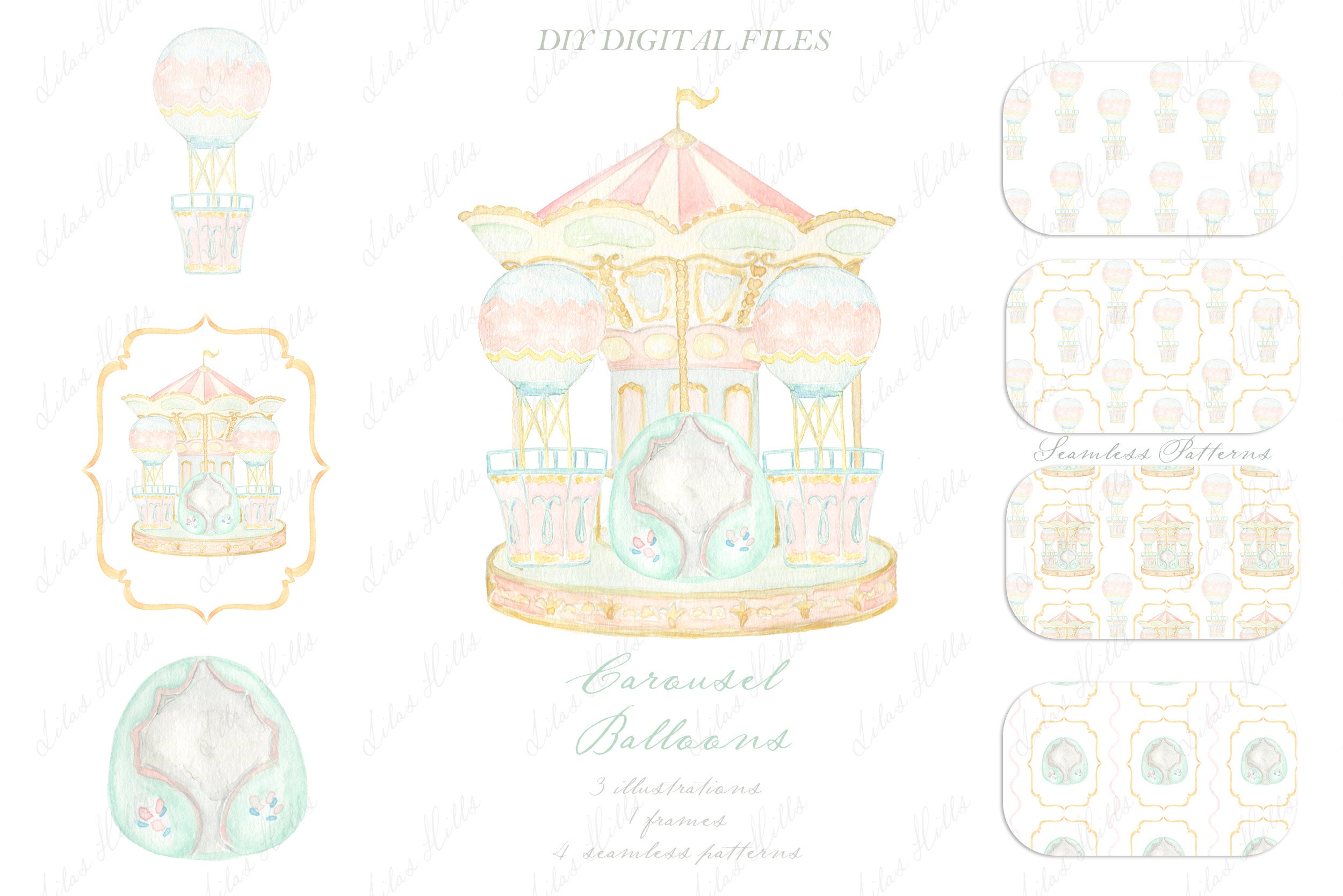 Carousel Balloons Clipart: Pastel Watercolor, Baby Shower (digital ...