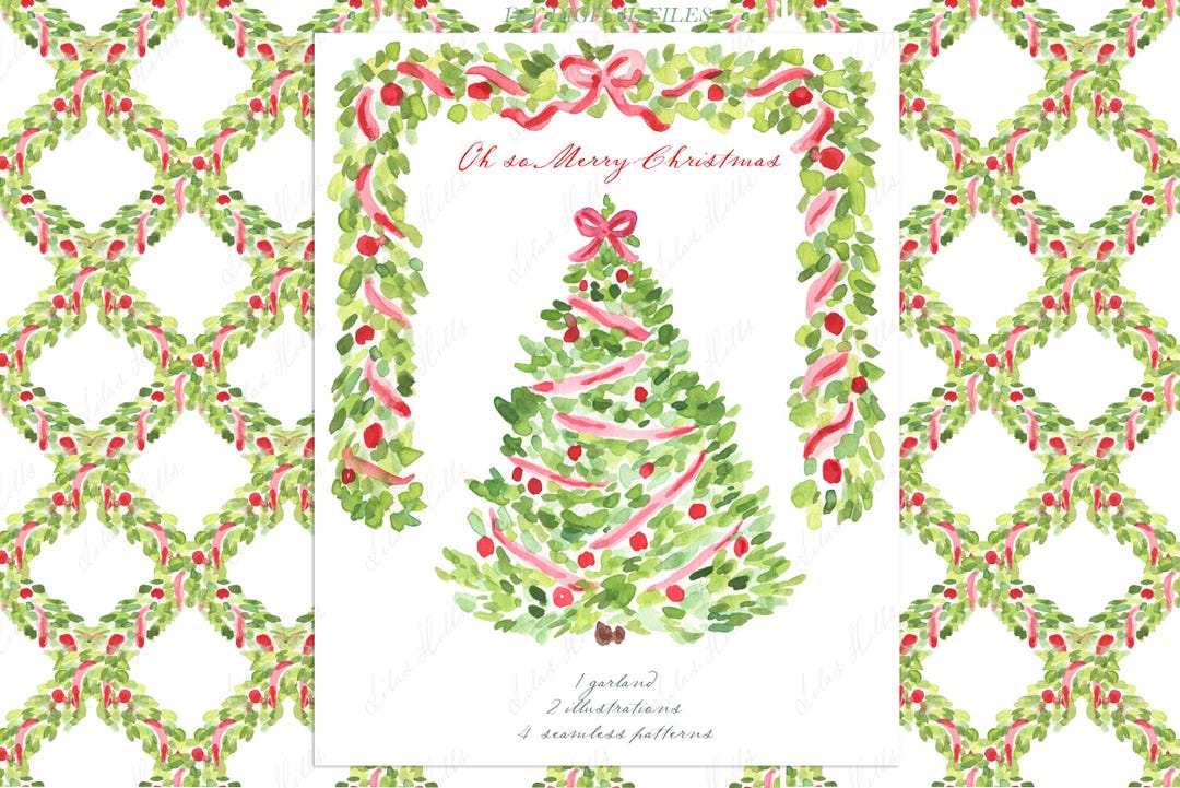 Oh so Merry Christmas Watercolor Clipart: Bow, Wreath, Frames (digital ...