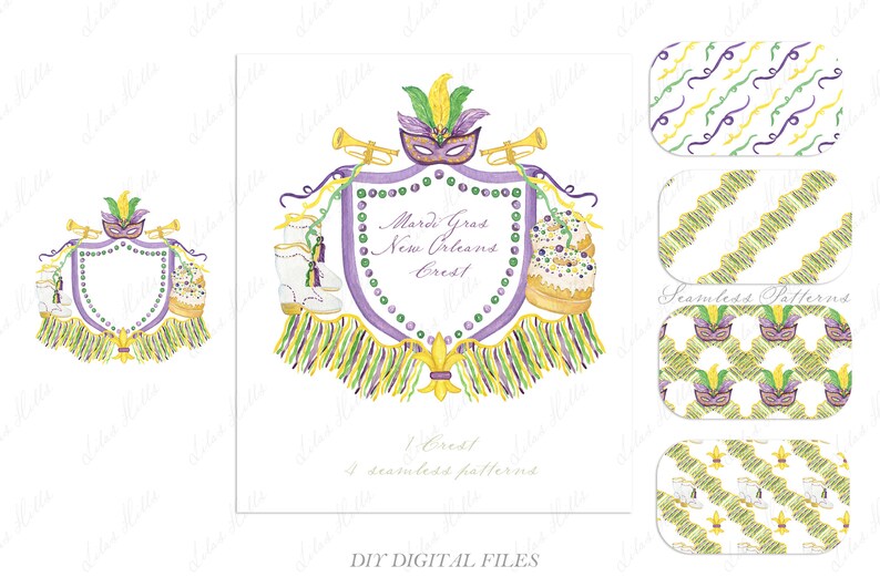 Mardi Gras New Orleans Crest DIY Family Digital Papers Watercolor ...