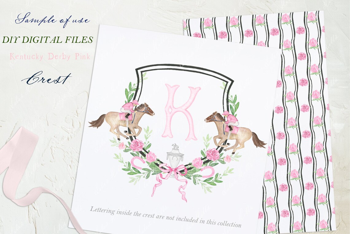 Kentucky Derby Pink Family Crest DIY Digital Papers Watercolor Clipart ...