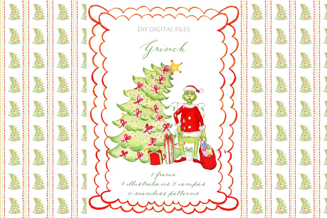 Grinch Christmas Clipart: Watercolor Illustrations, Frames (digital ...