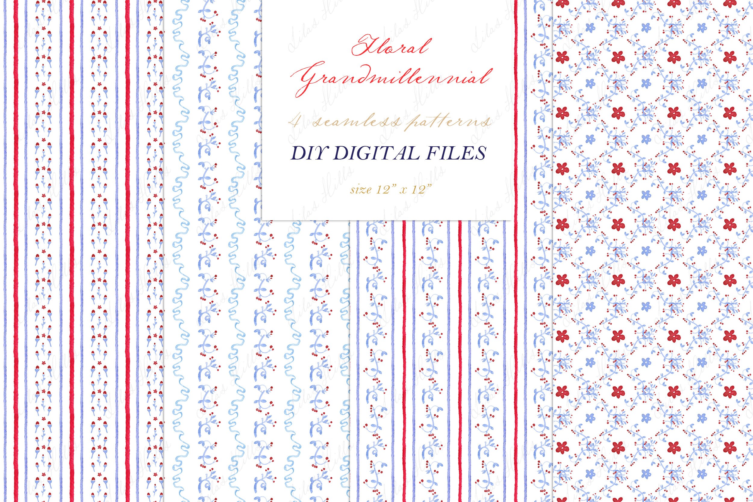 Floral Grandmillennial Blue and Red DIY Digital Paper Frames - Etsy