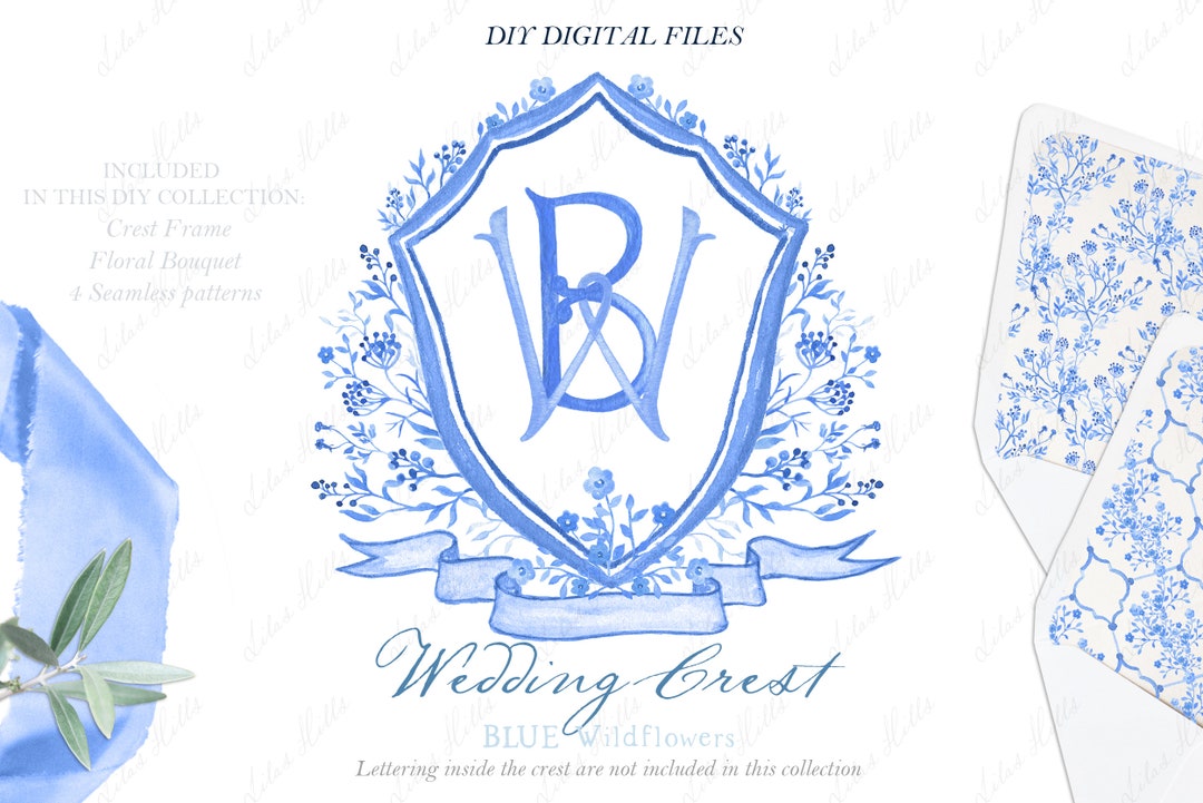 Wedding Family Crest DIY Blue Wildflowers Digital Papers Watercolor ...