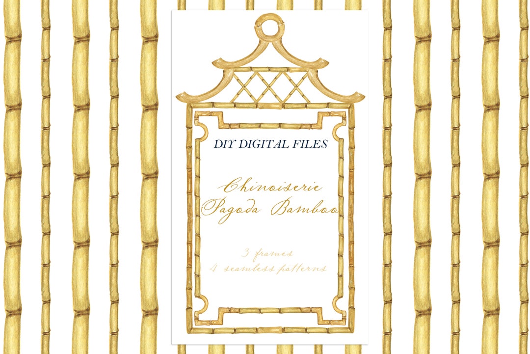 Chinoiserie Pagoda Bamboo Gold. DIY Digital Paper Frames Watercolor ...
