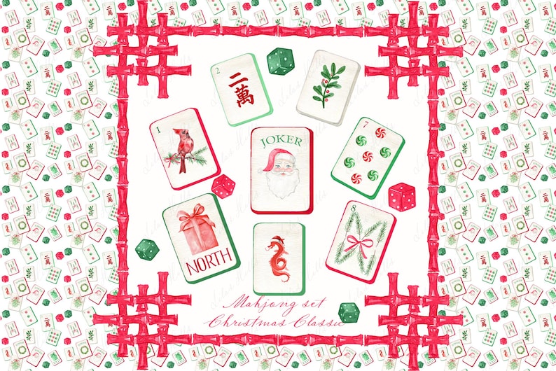 Watercolor Christmas Clipart: Mahjong, Chinoiserie, Frames (PNG Digital ...