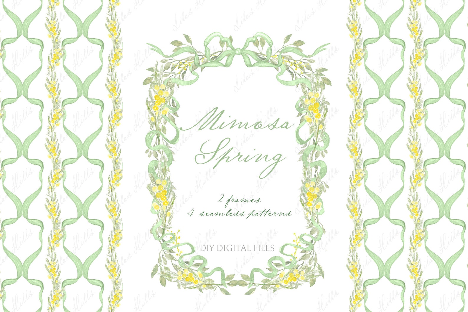 Mimosa Greenery Watercolor Clipart: Spring Frames, Digital Paper (DIY ...