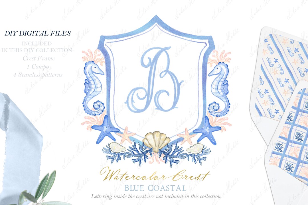 Coastal Blue Wedding Family Crest DIY Dusty Blue Sea Shell Sea Star ...