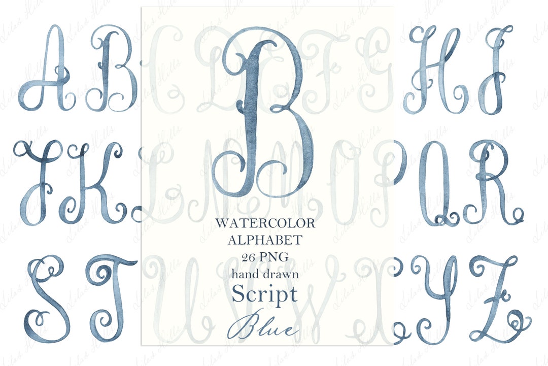 Watercolor Script Letters PNG: Blue Calligraphy Monogram (digital ...