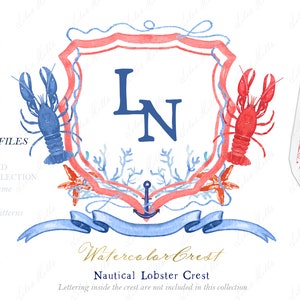 Nautical Lobster Watercolor Crest DIY Navy Blue Red Digital Papers ...