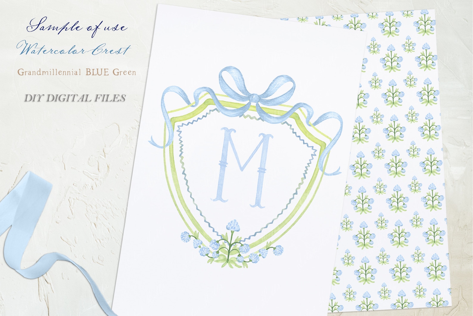 Watercolor Crest Clipart: Blue Green Family Crest, Bow (DIY Digital) - Etsy