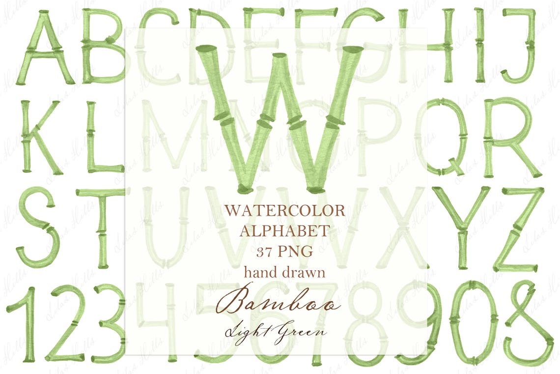 Bamboo Watercolor Letters & Numbers PNG, Wedding Monogram (digital ...