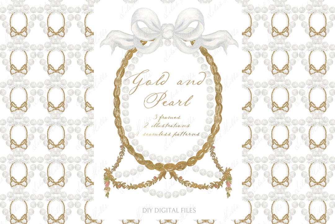 Gold and Pearls Vintage Bow Frames Wedding DIY Digital Clipart Seamless ...
