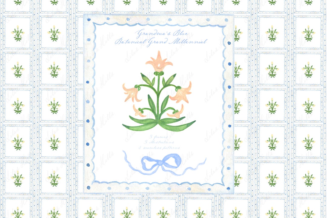 Grandmas Blue Grand Millennial Botanical Blue Watercolor DIY Clipart ...