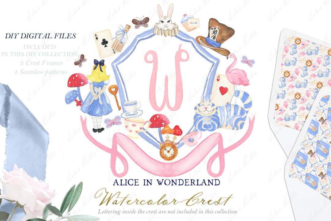 Wedding Family Crest DIY Alice in Wonderland Digital Papers Watercolor ...