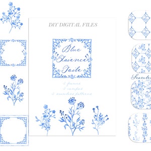 Blue Faience Toile Vintage DIY Digital Paper Frames Watercolor Clipart ...