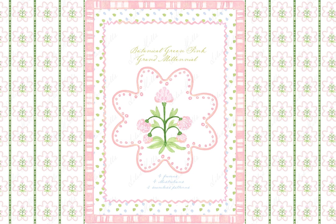 Botanical Watercolor Clipart: Pink Green Flowers, DIY Nursery Art ...