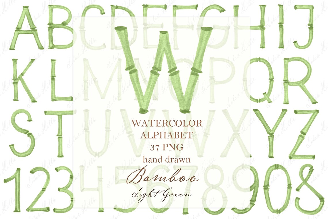 Bamboo Watercolor Letters & Numbers PNG, Wedding Monogram (digital ...