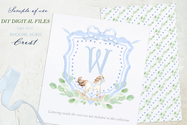 Light Blue Rocking Horse Newborn Boy Watercolor Crest DIY Hospital Door ...