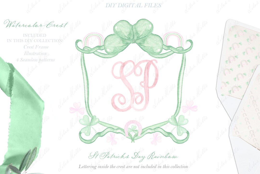 St Patricks Day Rainbow Crest. Green Pink Tag Wedding Family Crest DIY ...