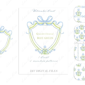 Grand Millennial Blue Green Vintage Family Watercolor Crest DIY Blue ...