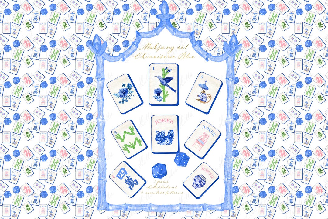 Mahjong Set Chinoiserie Blue PNG Watercolor DIY Clipart Chinoiserie ...