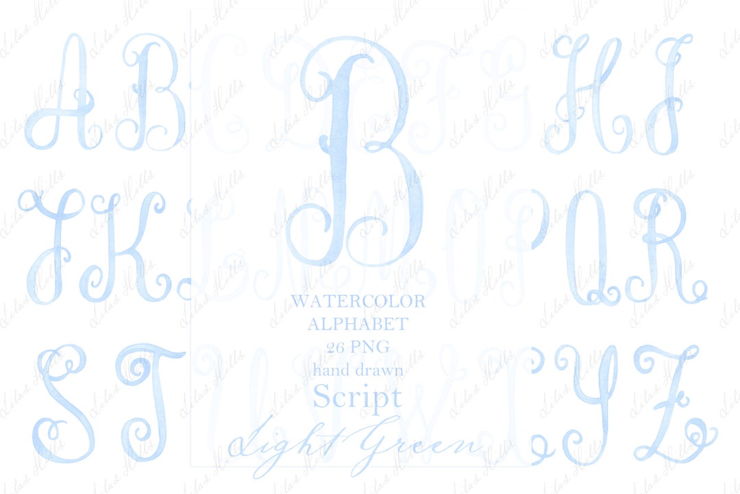 Watercolor Script Letters, Light Blue Monogram (PNG Digital Download ...