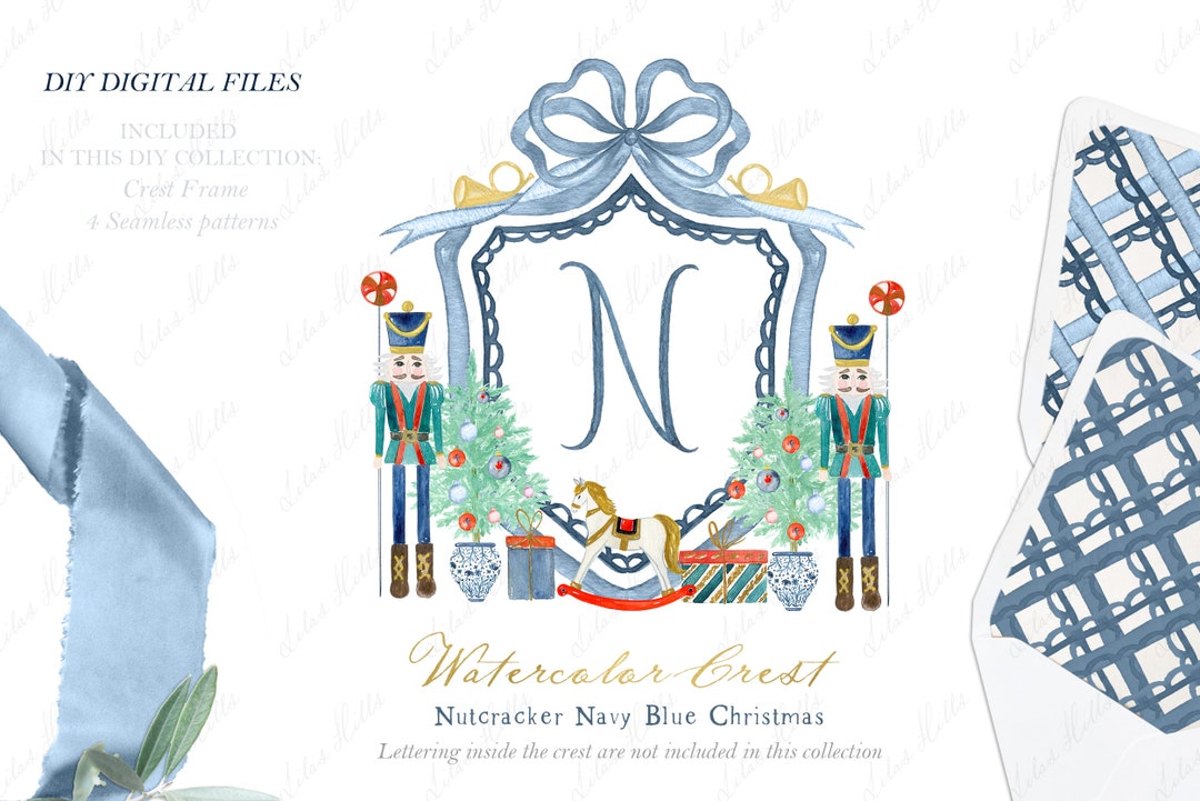 Nutcracker Christmas Crest Watercolor Clipart, Navy Blue DIY (digital ...