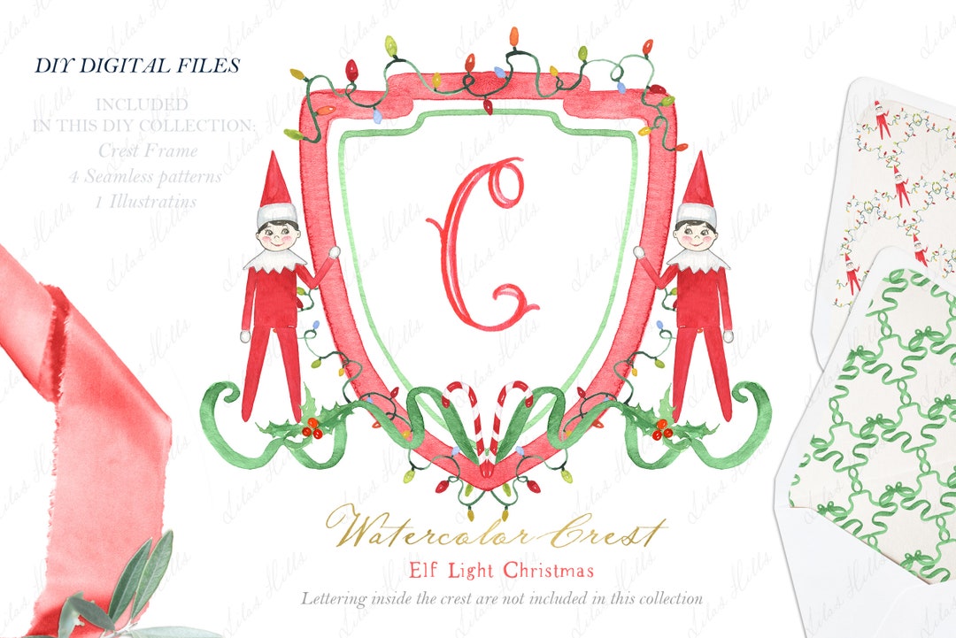 Christmas Watercolor Crest Clipart, Elf & Bow (digital Download) - Etsy