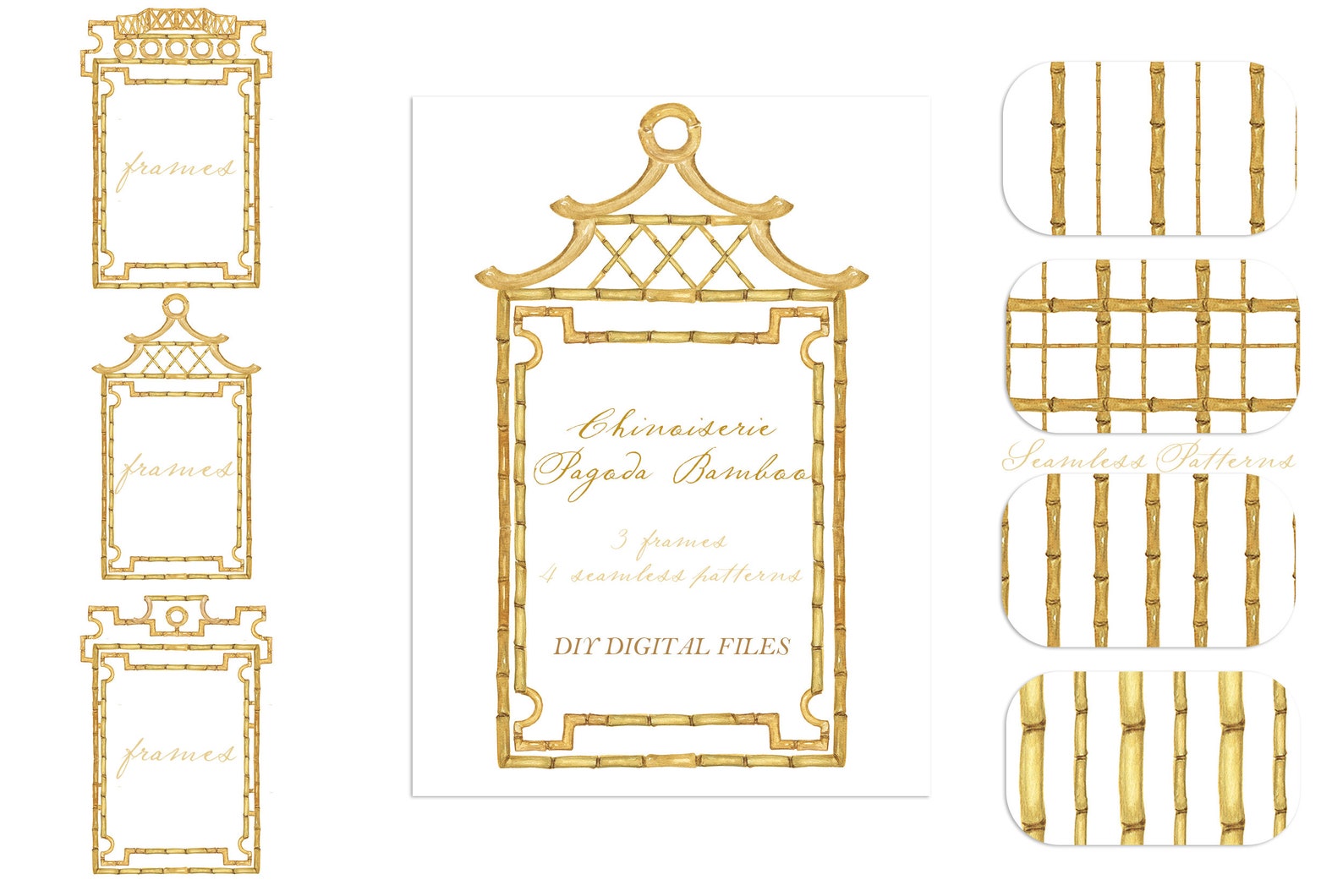 Chinoiserie Pagoda Bamboo Gold. DIY Digital Paper Frames - Etsy