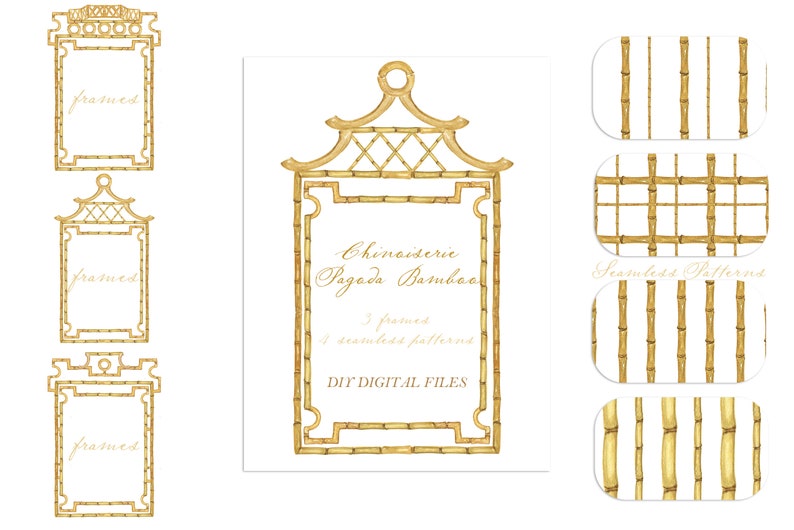 Chinoiserie Pagoda Bamboo Gold. DIY Digital Paper Frames Watercolor ...