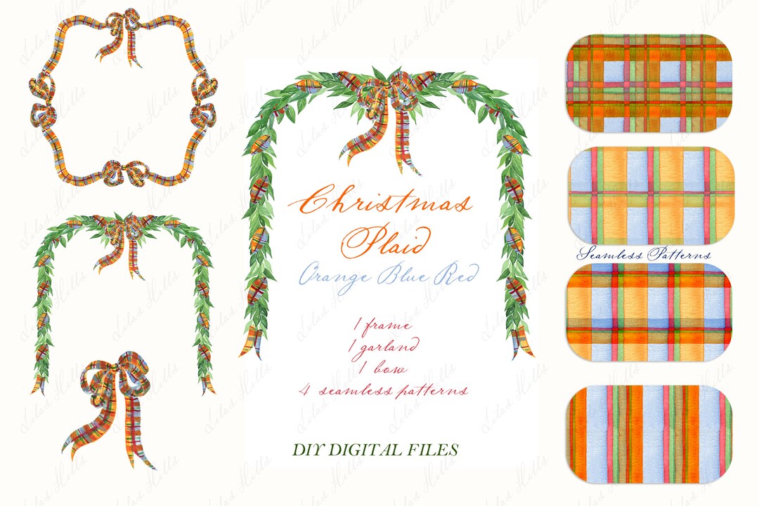Christmas Plaid Orange Blue. DIY Digital Clipart. Digital Paper Frames ...