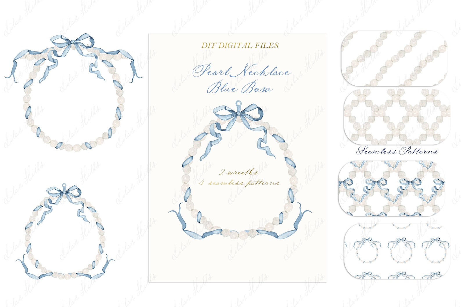 Pearls Necklace Vintage Blue Bow Frames Wedding DIY Digital Clipart ...
