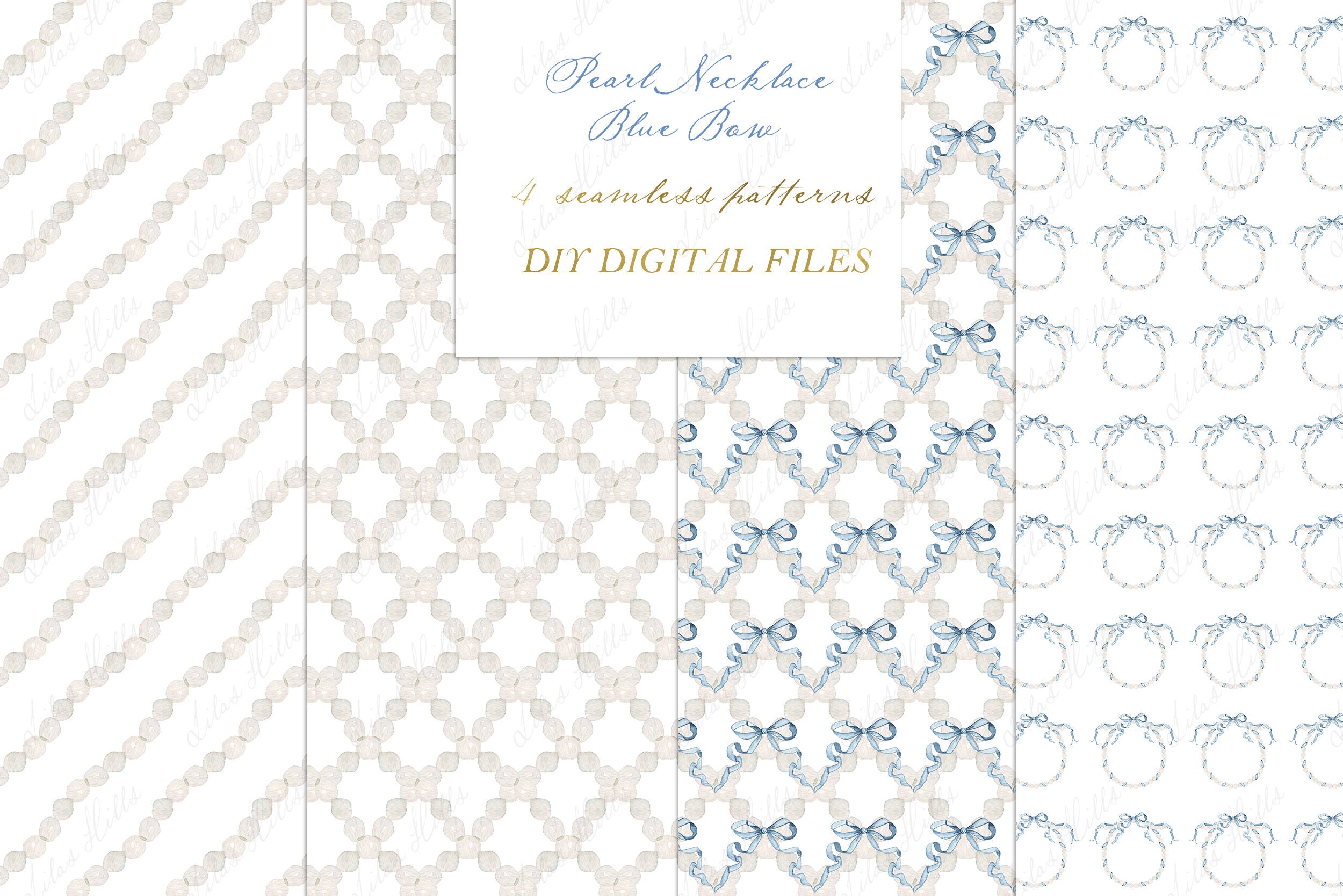 Pearls Necklace Vintage Blue Bow Frames Wedding DIY Digital Clipart ...