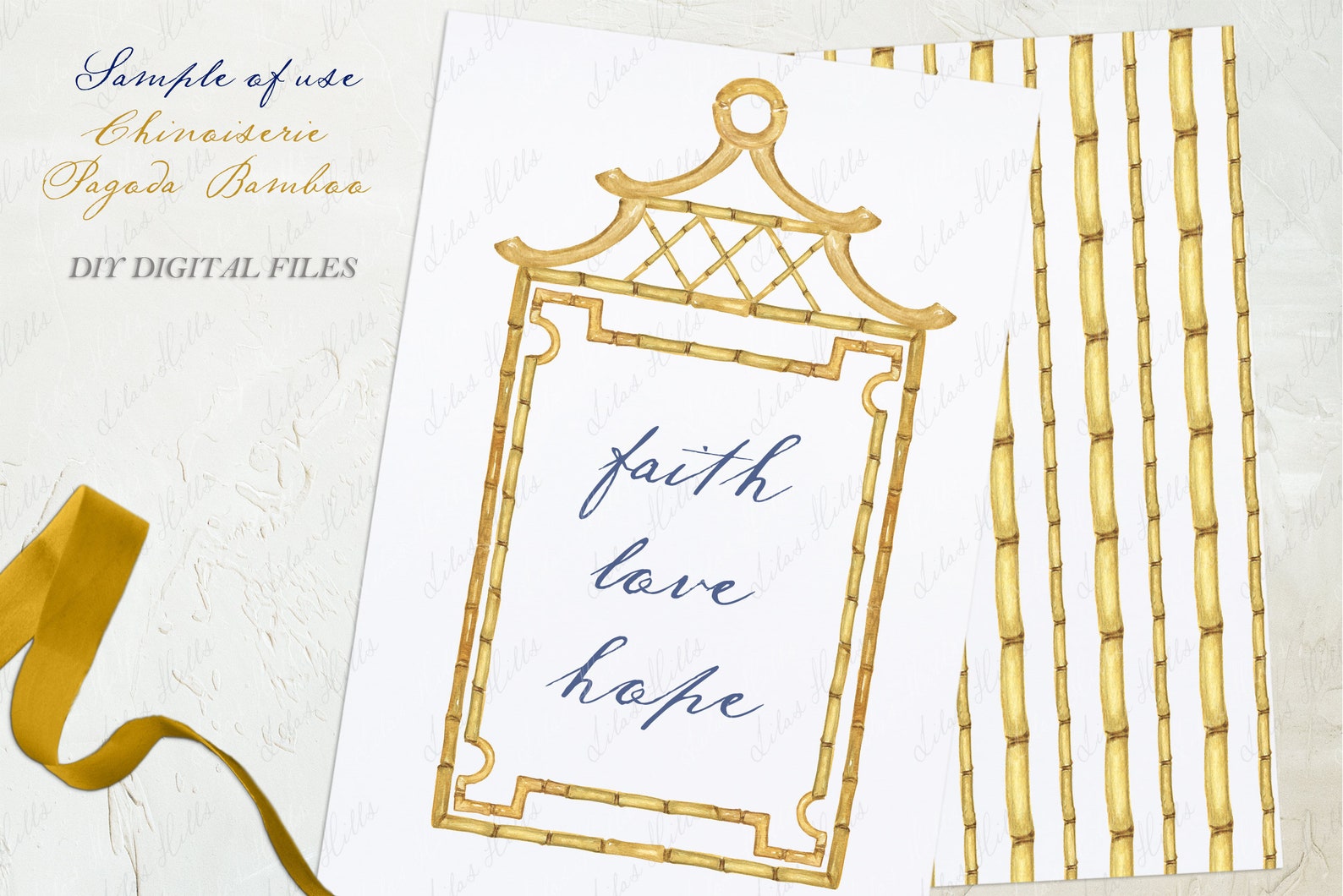 Chinoiserie Pagoda Bamboo Gold. DIY Digital Paper Frames - Etsy