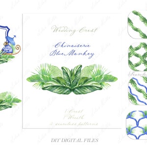 Wedding Family Crest DIY Blue Monkey Chinoiserie Digital Papers ...