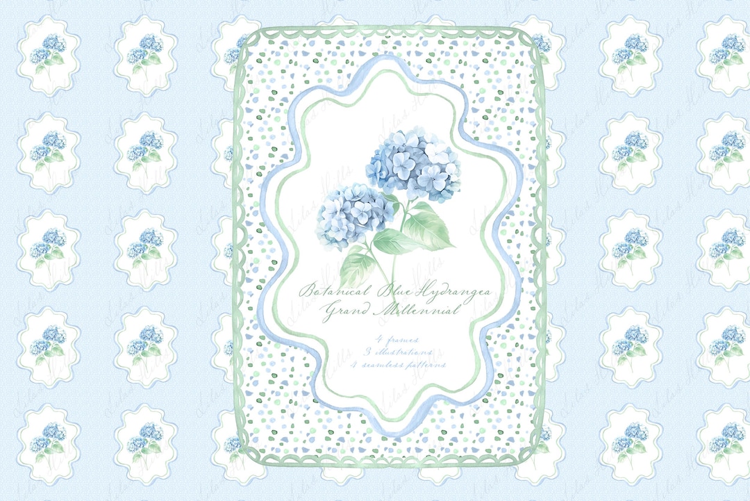 Grand Millennial Botanical Blue Green Flowers Watercolor DIY Clipart ...
