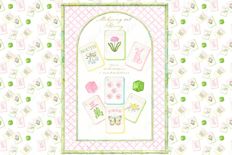 Spring Mahjong Set Clipart: Watercolor Tiles American Mahjong, Digital ...