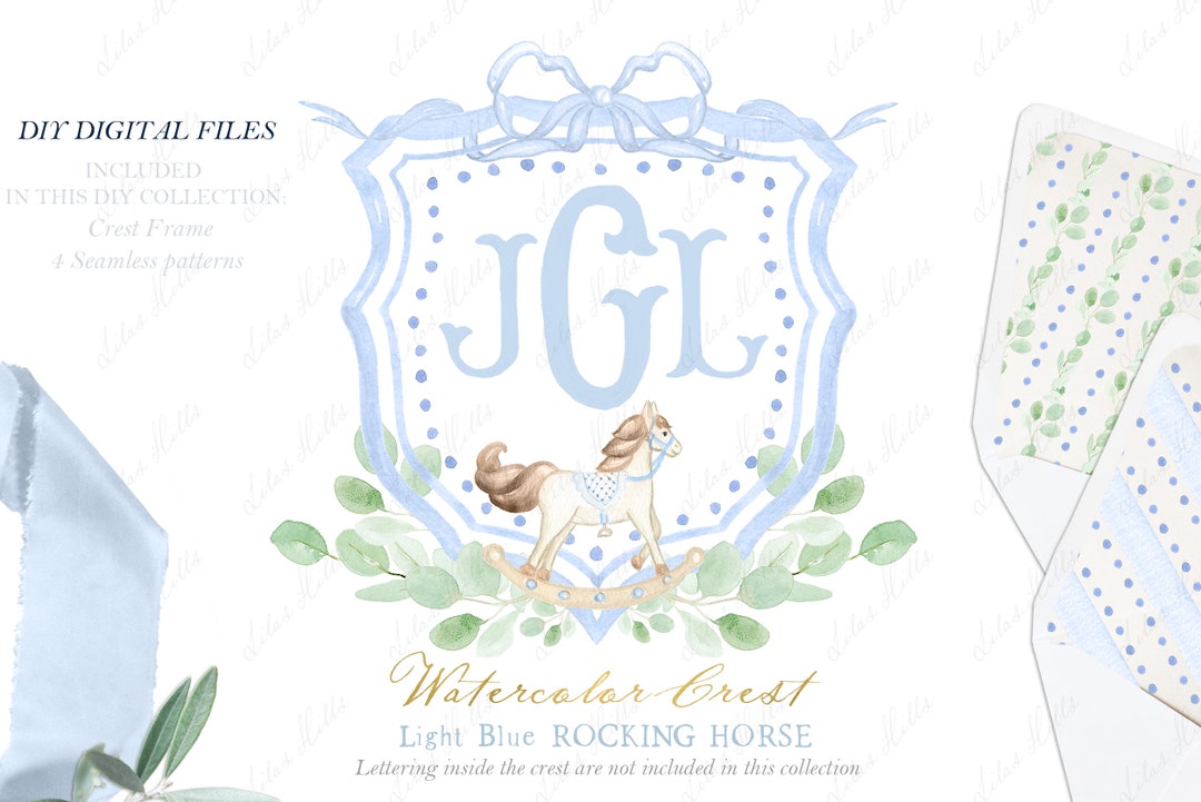 Light Blue Rocking Horse Newborn Boy Watercolor Crest DIY Hospital Door ...