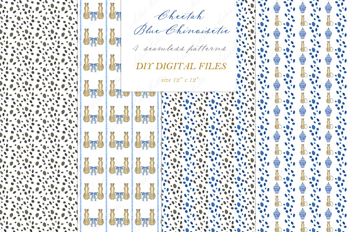 Cheetah Blue Chinoiseie Bamboo. DIY Digital Paper Frames Watercolor ...