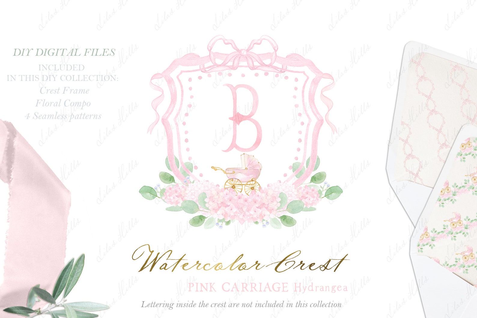 Light Pink Carriage Hydrangea Watercolor Crest Baby Girl DIY Hospital ...