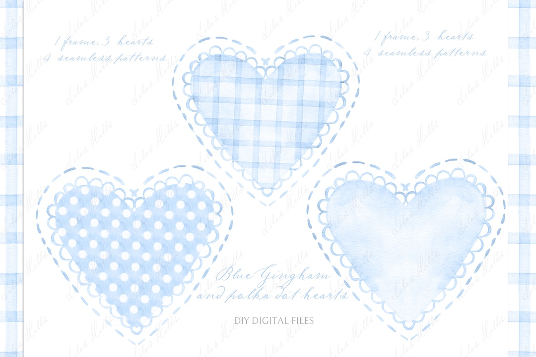 Blue Gingham Heart Clipart | Watercolor Valentine's Day Graphics ...